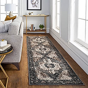 Mark&Day Area Rugs, 8ft Round Bowen Updated Traditional Charcoal Area Rug, Gray/White/Beige Carpet for Living Room, Bedroom or Kitchen (7'10" Round)