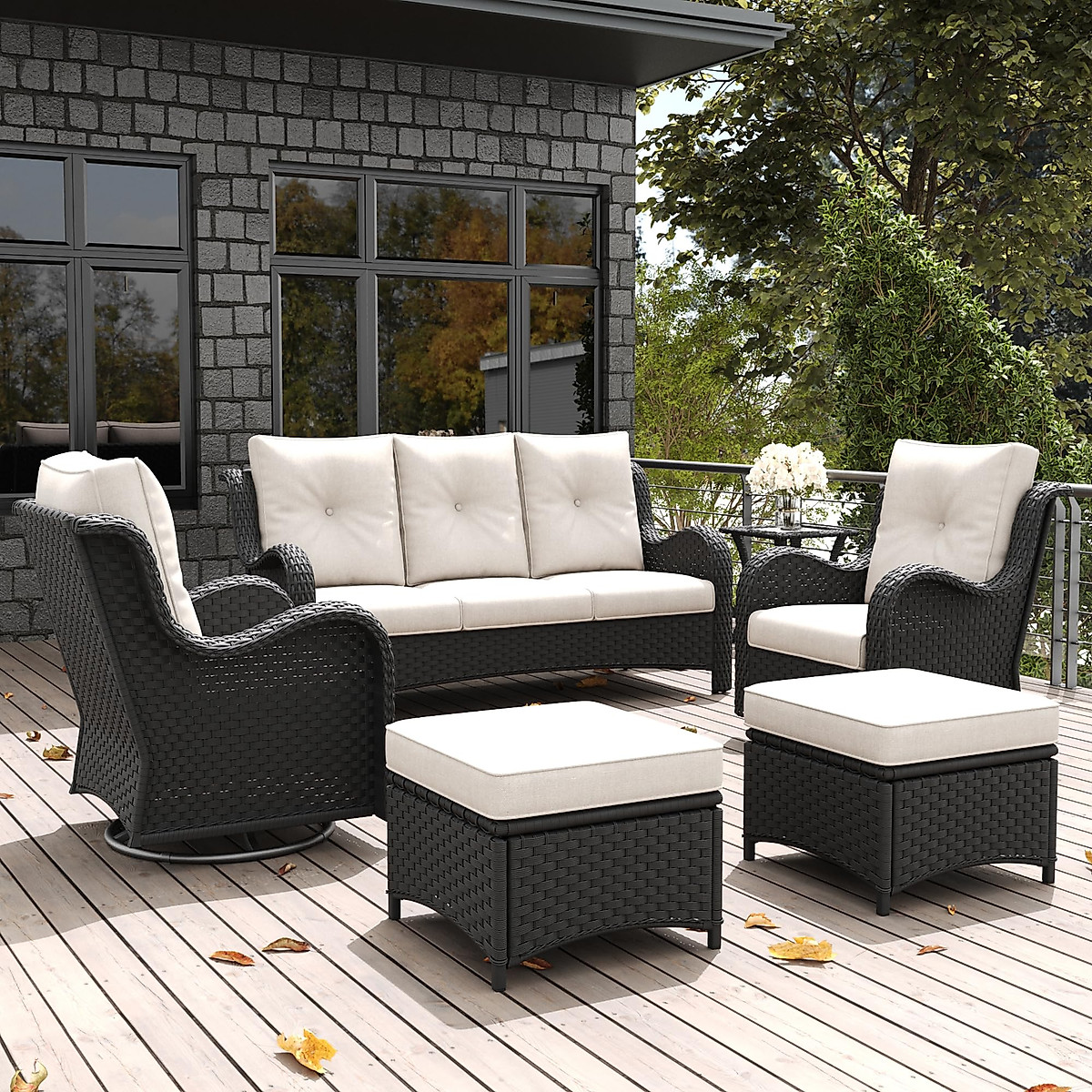 LayinSun 6 Pieces Outdoor Patio Furniture Set, Rattan Wicker Sectional Swivel Rocker Chairs Sets with Ottomans, Swivel Glider Chairs, and Coffee Table