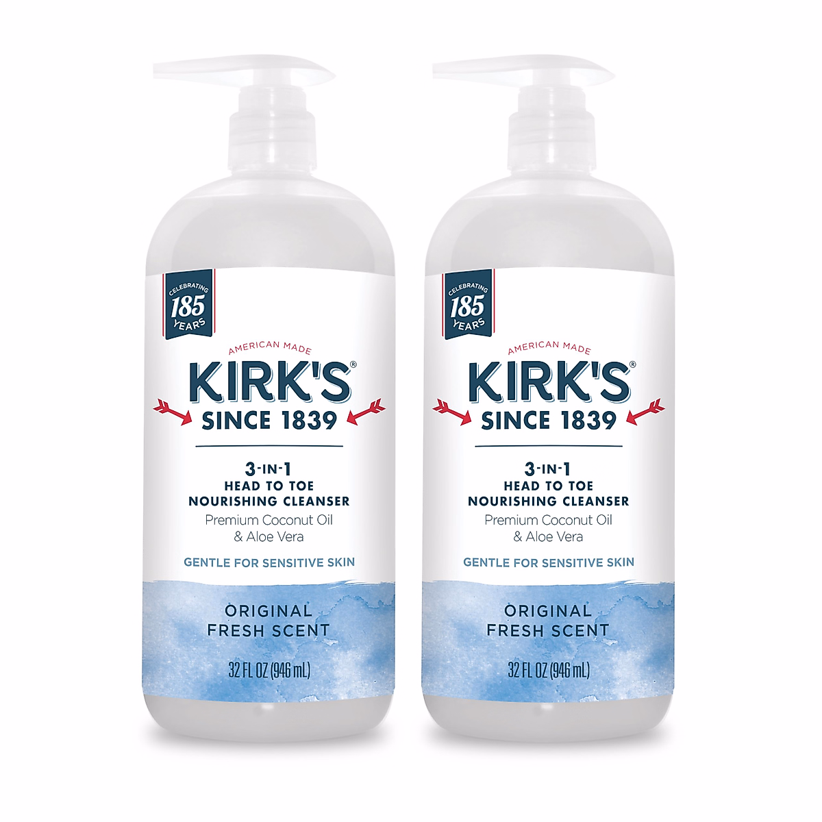 Kirk's 3-in-1 Head to Toe Nourishing Liquid Cleanser- for Men, Women & Children - Premium Coconut Oil & Aloe Vera- Non GMO & Vegan -Original Fresh Scent - 32 Fl Oz