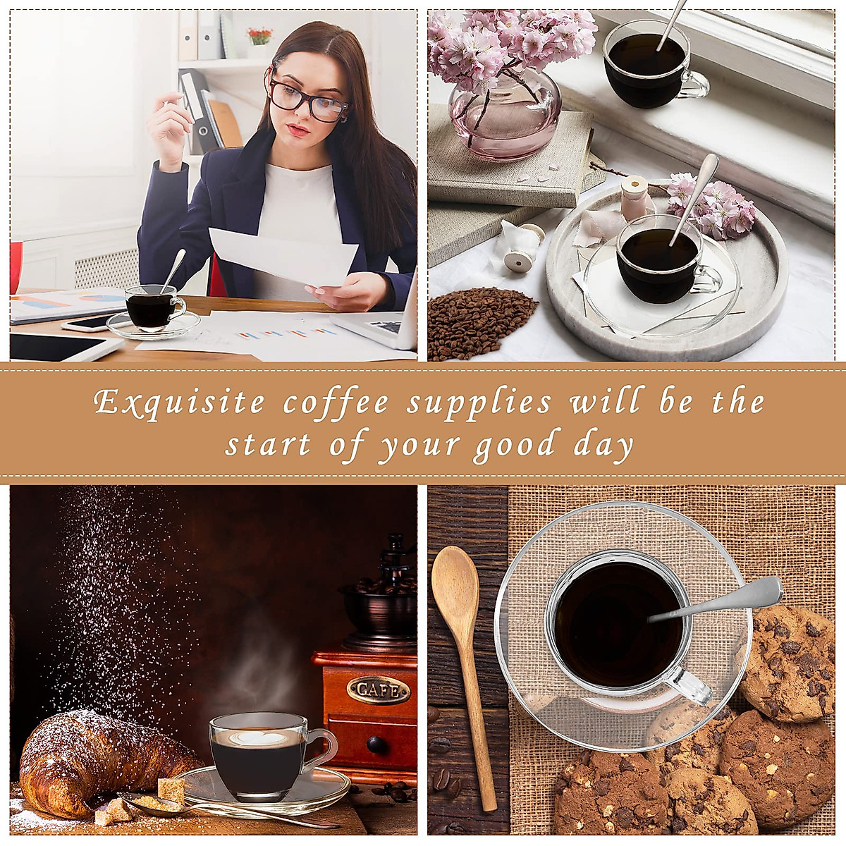 3.4 oz Espresso Cups Small Demitasse Clear Glass Espresso Drinkware Demitasse Cups Espresso Cups with Saucers Set Tea Cup and Saucer Set of 6 with Stainless Steel Mini Spoon for Hostess Coffee Lover