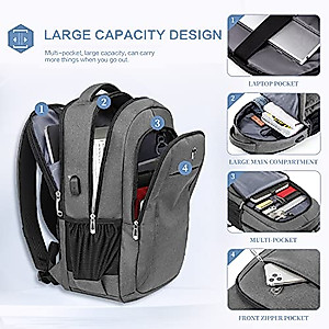Travel Laptop Backpack, Water Resistant Anti Theft Backpacks Bookbag with USB Charging Port and Lock 15.6 Inch Durable Computer Business College Bag for Men Women Students School, Grey