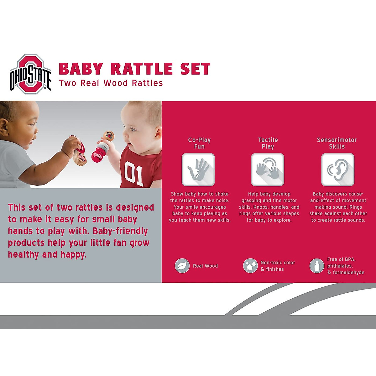 BabyFanatic Wood Rattle 2 Pack - NCAA Ohio State Buckeyes - Officially Licensed Baby Toy Set