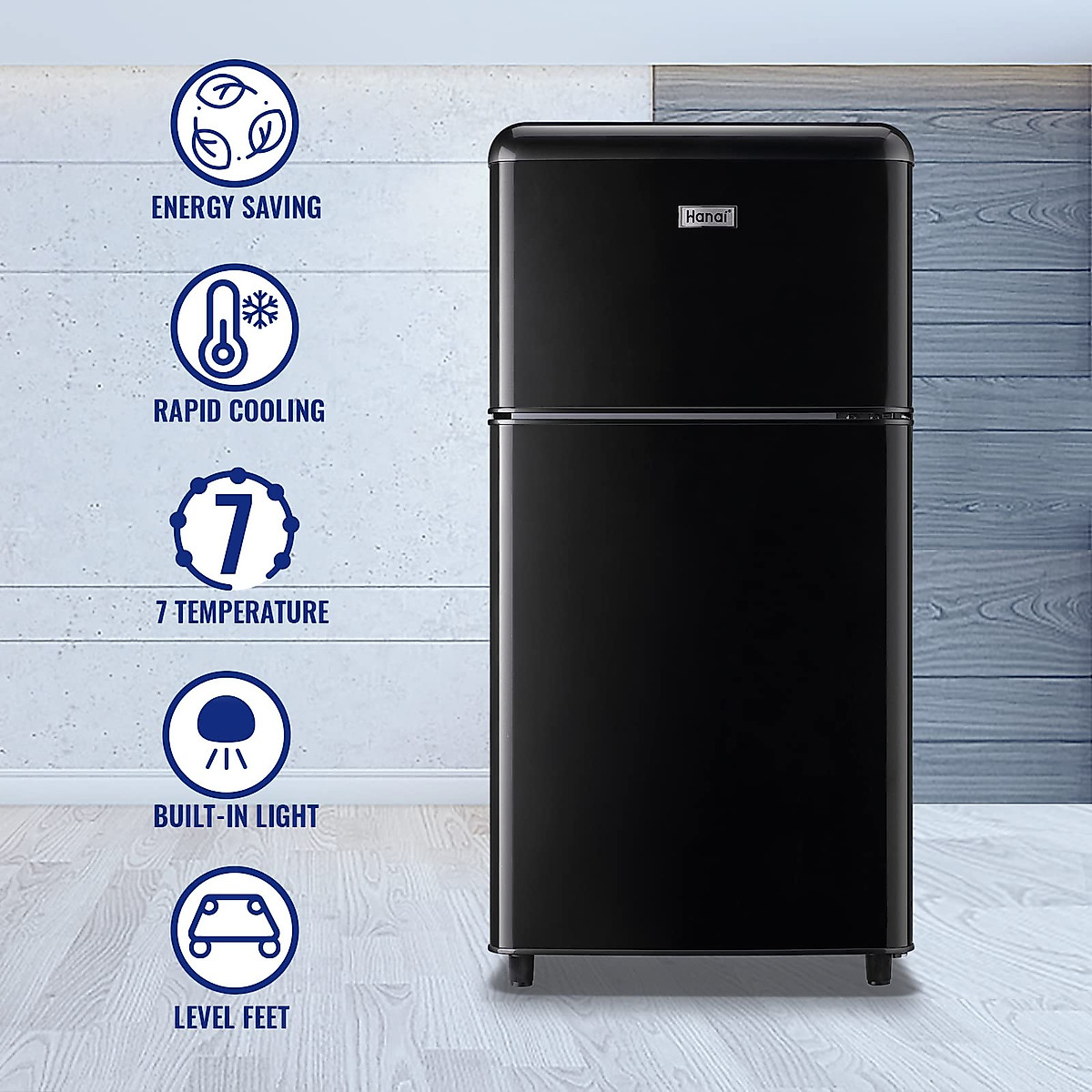 WANAI Mini Fridge Dual Door Refrigerator with Freezer, Compact Refrigerator with Adjustable Temperature & Removable Glass Shelves, Fridge for Apartment/Dorm/Office/Kitchen, Energy Saving, BLACK