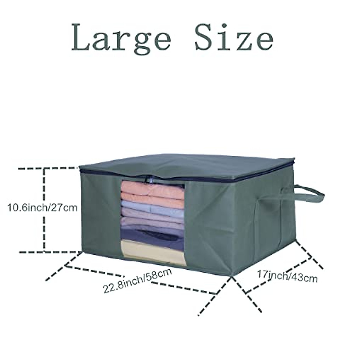 Wismart Large Capacity Zippered Clothes Storage Bags with Plastic Clear Window and Durable Handles Great for seasonal storage, Bedding, Blankets ,Foldable with Sturdy Zipper, 2 Pack, Green (Large, Green-2Pack)