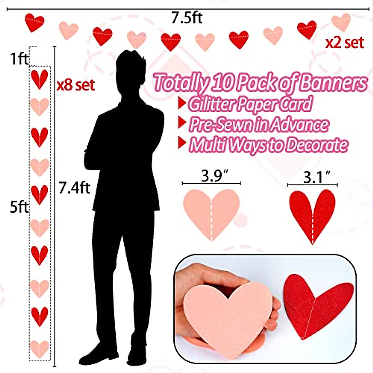 Valentines Day Decor 10Pack Heart Garland Banners Valentines Party Decorations Supplies Wedding Banner Engagement Banner Photo Props Valentines Decoration Heart Banners Home Party Decors 100 Hearts