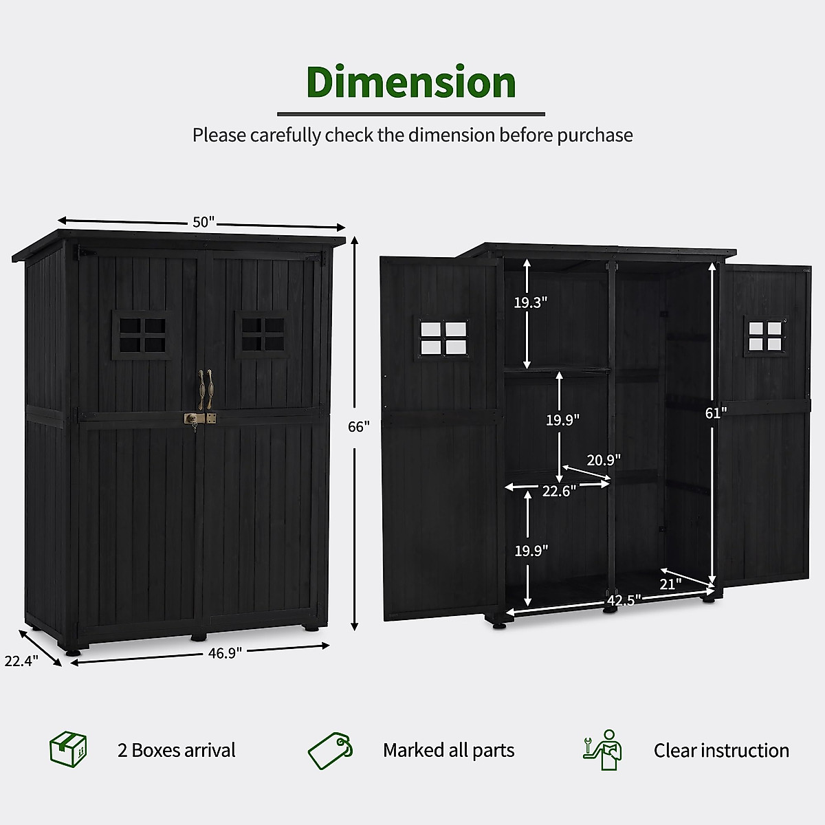 MCombo Large Wooden Outdoor Storage Shed with 2 Shelves, Oversize Garden Tool Shed with Lock, Outdoor Storage Cabinet with Floor for Patio and Yard (46.9" x 22.4" x 66") 1911 (Black)