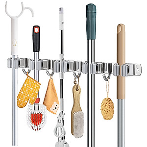 HANZENMA Broom Holder Wall Mount, Broom Organizer Wall Mount Stainless Steel Broom and Mop Hanger Heavy Duty Storage Organization for Home Kitchen Garden Garage Room 5 Racks 4 Hooks Grey