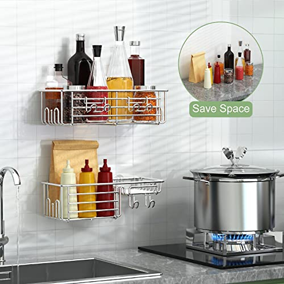 Shower Caddy Shelf Organizer Storage: 2 Pack Adhesive Wall Shampoo Holder with Soap Holder and Hooks, Stainless Steel Rustproof Shower Shelf for Inside Shower Bathroom Basket, No Drilling - Silver