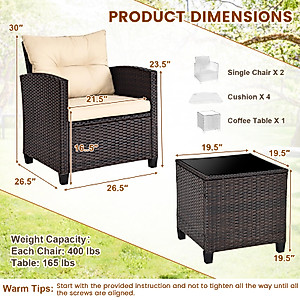 S AFSTAR 3 Pieces Patio Furniture Set, Outdoor Wicker Conversation Set Rattan Chairs with Soft Cushions, Glass Coffee Table, Bistro Set for Front Porch Balcony Garden Deck Poolside, Beige