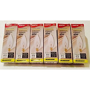 Satco S3284 Decorative Torpedo 120 volt, 60 watt B10, light bulbs, Clear 6 pack Bundle