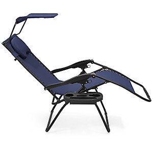 Best Choice Products Oversized Steel Mesh Zero Gravity Reclining Lounge Patio Chair w/Folding Canopy Shade and Cup Holder, Navy