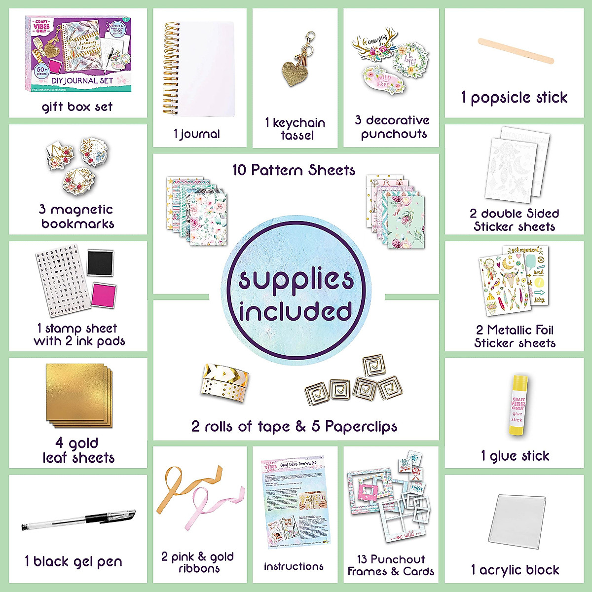 Good Vibes Journal DIY Set by Craft Vibes Only – Personalized Diary - Custom Journals for Girls - Creative Writing Scrapbook Kit - Customize Your Notebook - Pen Included! - Ages 8 & Up