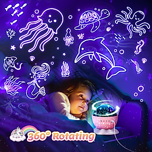 STRAWBETTER Unicorn Night Light Kids Toys 3 in 1 Unicorns & Starry Sky & Sea World Nights Lights Projector for 3 4 5 6 7 8 9 10 11 12 Year Old Girls Birthday Basket Stuffers Gifts for Kids 3-12