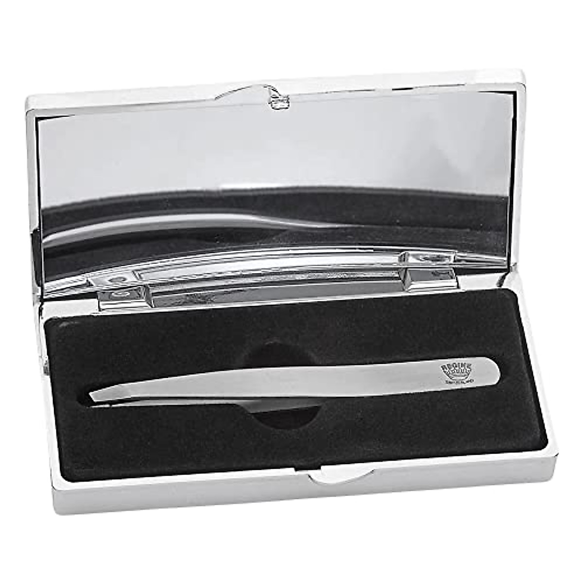 Regine Switzerland Slant Tweezers & Compact Case with 10X Magnifying Mirror Set - Precision Stainless Steel Tweezers for Ingrown Hair, Facial & Grooming - Travel Set with Hard Case for Men Women - 2Pc