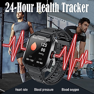 Rugged Smart Watch (Answer/Make Calls)Waterproof Smartwatches for Men Outdoor 1.85" Sports Fitness Tracker For Men with Heart Rate, Sleep Monitor with 100+ Sports Moeds for Android and iOS,47 Black