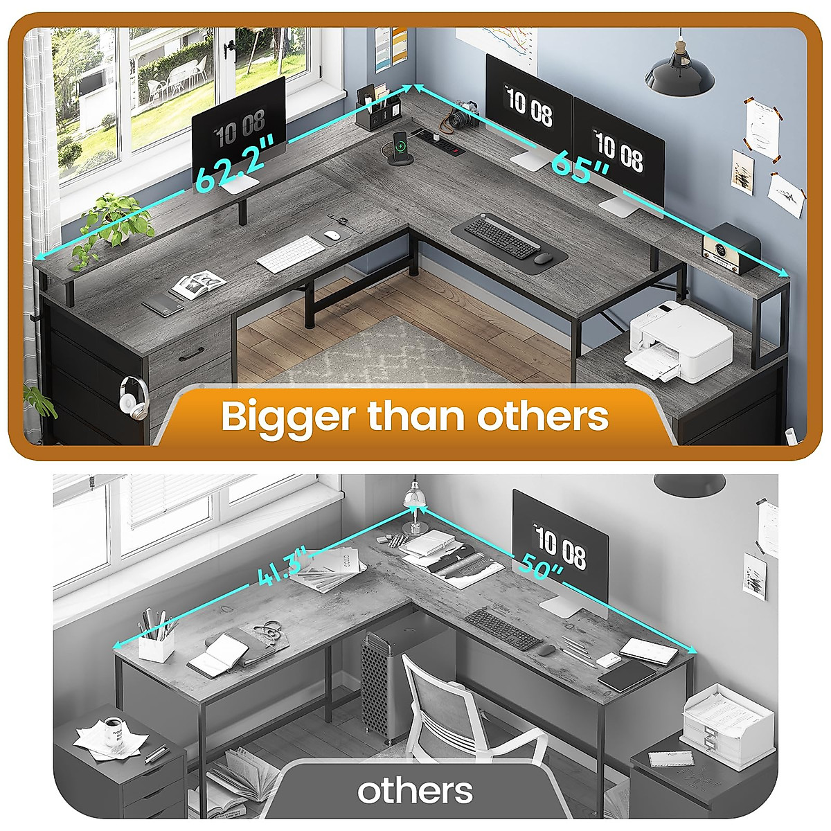 SEDETA L Shaped Desk with 6 Drawer, 108" Home Office Desk with File Drawer & Power Outlet, Corner Computer Desk with Monitor Shelf, Two Person Desk, Gaming Desk with Led Lights, Grey