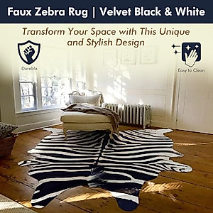 Tumbleweed Velvet Black, Ivory & Beige Synthetic Zebra Rug - Luxurious Zebra Print Rug Available in Multiple Sizes for Versatile Decor - Large 6' x 8'