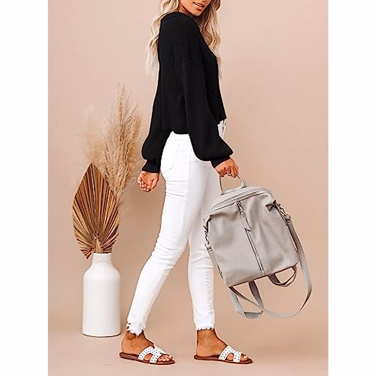 Pink Queen Women's 2023 Fashion V Neck Collared Crop Sweaters Casual Loose Lantern Long Sleeve Half Zip Slouchy Ribbed Knit Jumper Tops Black L