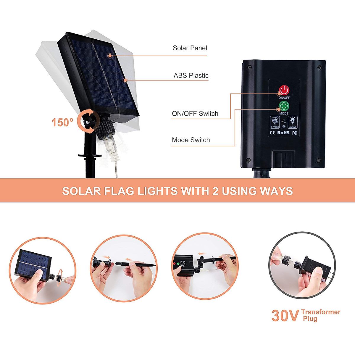 MUYUN American Flag Lights Solar Powered&Plug-in, 420LED Flag Net Light with Remote, 8 Modes Fairy String Light for Christmas Decorations Party Home Decor July 4th Independence Day