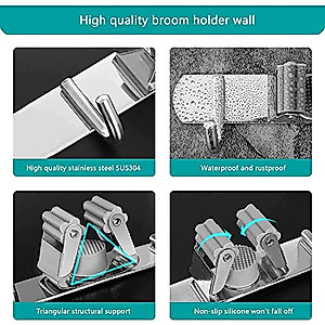 Zollyss Broom Mop Holder Wall Mount Stainless Steel Wall Mounted Storage Organizer Heavy Duty Tools Hanger with 5 Racks 4 Hooks for Kitchen Bathroom Closet Garage Office Garden-1Pc
