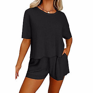 Ezbelle Womens 2023 Fall Fashion Crop Pullover Lounge Sets Two 2 Piece Pajama Sweatsuits Outfits Casual Soft Knit Loungewear Clothes Black Medium