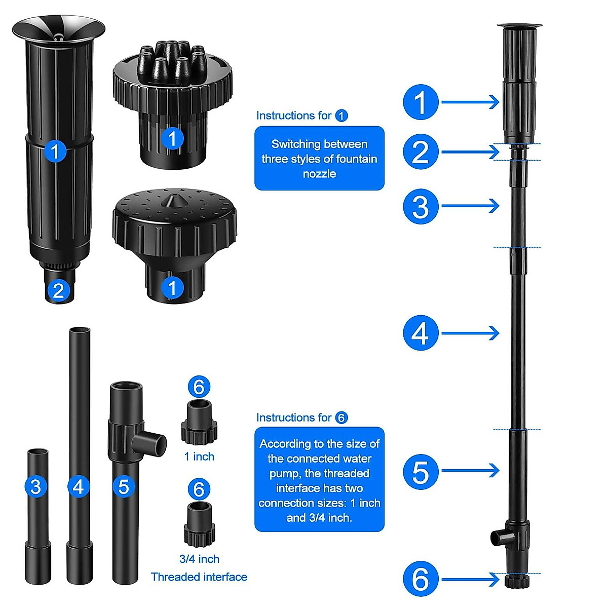 Fountain Pump Nozzle kit, 8PCS Water Fountain Spray Head Set-Mushroom Water Fountain Spray Heads for Pond Fountain Submersible Pump Pool-L Black