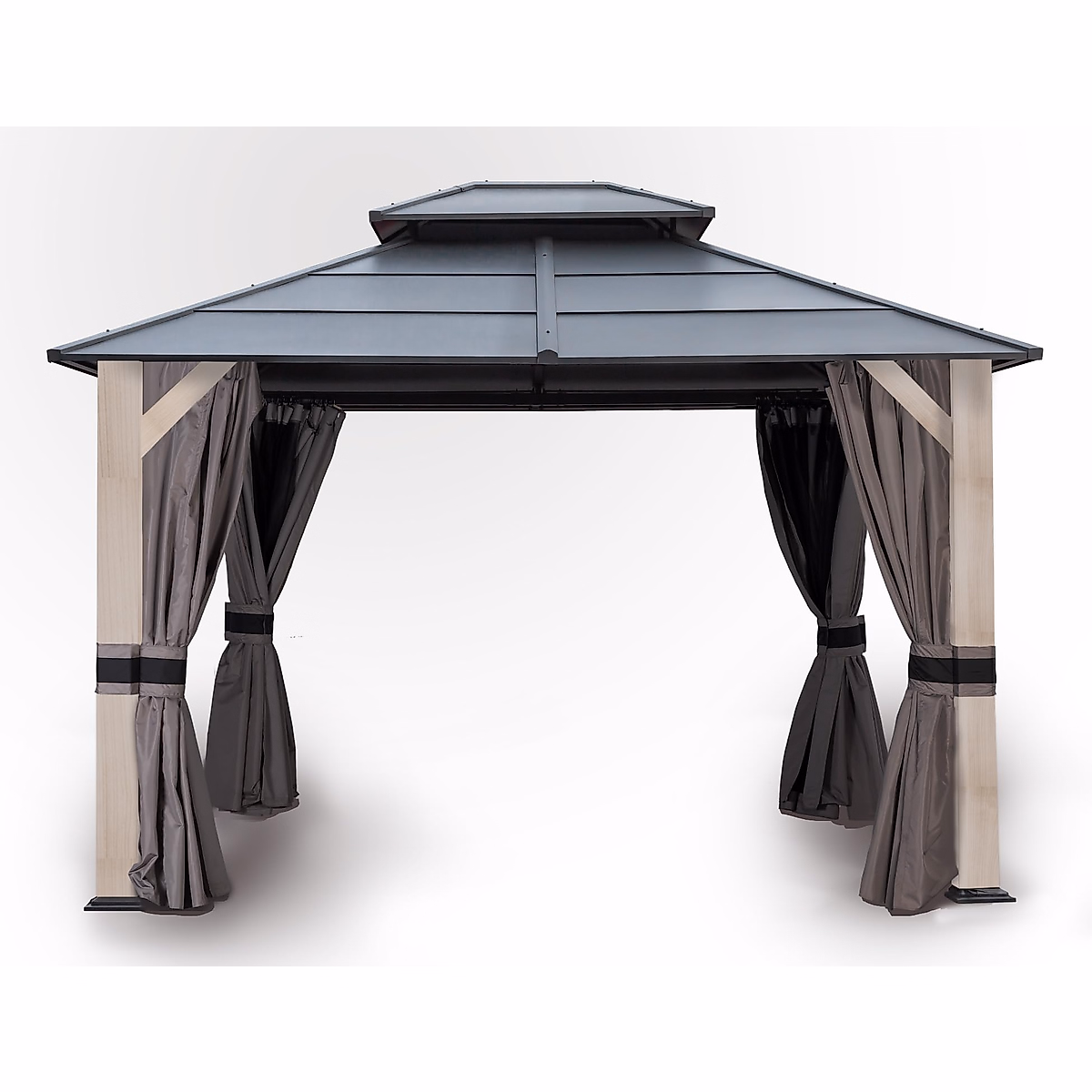 Hofzelt 10' x 12' Hardtop Gazebo, Heavy-Duty Aluminum Frame with Iron Roof, Featuring White Wood Grain Heat Transfer Pillars, Inclusive of Mosquito Netting and Privacy Sidewalls