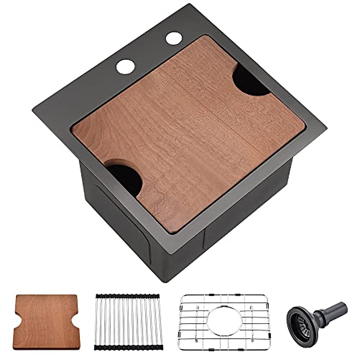 18 Inch Black Bar Sink Drop In Workstation-VASOYO 18x18 Drop In Bar Sink Black Stainless Steel Bar Prep Sink Topmount Outdoor Rv Kitchen Sink Single Bow Wet Bar Sink with Cutting Board