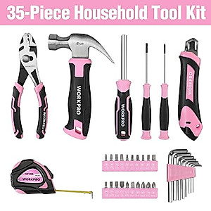 WORKPRO 35-Piece Pink Tools Set, Household Tool Kit with Storage Toolbox, Basic Tool Set for Home, Garage, Apartment, Dorm, New House, Back to School, and as a Gift - Pink Ribbon