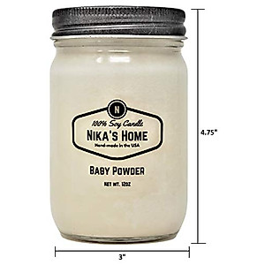Nika's Home Baby Powder Soy Candle 12oz Mason Jar Non-Toxic White Soy Candle-Hand Poured Handmade, Long Burning 50-60 Hours Highly Scented All Natural, Clean Burning Large Candle Gift Décor