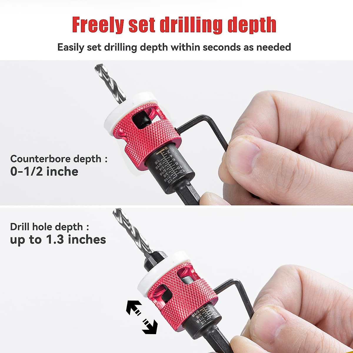 5 Pcs Countersink Drill Bit Set with Low Friction Depth Stop, HSS M2 Bits Tapered Head1/8 9/64" 5/32" Drill+3/8” 82° Counter-Bore,11/64" 3/16" Drill+ 1/2" 82° Counter Bore,1/4” Hex Shank(Red)