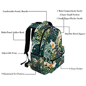 Oarencol Tropicalsummer Hawaiian Flower Palm Leaves Orange Floral Backpacks Bookbags Daypack Travel School College Bag for Womens Girls Mens Boys Teens