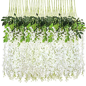 CEWOR 36 Pack Wisteria Hanging Flowers 3.7 Feet Artificial Flowers Fake Wisteria Vine Hanging Garland Silk Flowers String for Wedding Party Home Greenery Wall Decor (White)