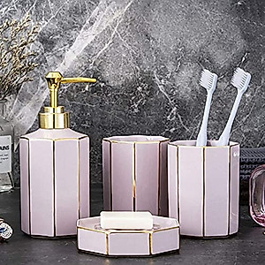 YYW Bathroom Accessory Set Ceramics Vanity Countertop Accessory Set Bathroom Set Includes Lotion Dispenser Tumblers Soap Dish (Pink)