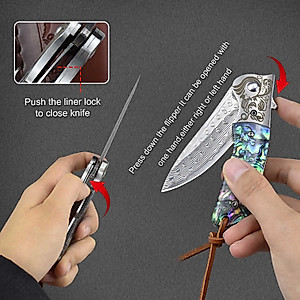 AUBEY Damascus Steel Pocket Knife with Clip, Abalone Shell Handle Folding Knife, Sharp EDC Hunting Knife with Leather Sheath for Camping Collection