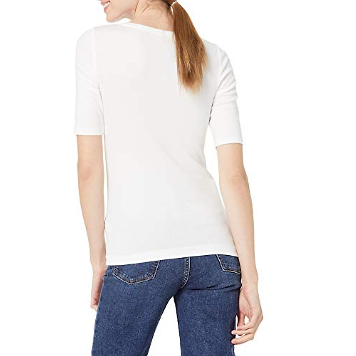 Amazon Essentials Women's Slim-Fit Half Sleeve Square Neck T-Shirt, Bright White, Medium