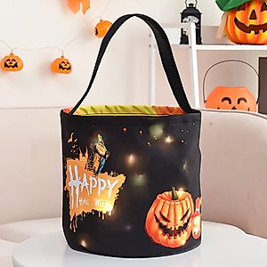 Mopoin LED Light Halloween Candy Bag for Trick or Treating, Light up Halloween Candy Buckets, Halloween Trick or Treat Bags for Kids, Pumpkin Tote Bags for Halloween Party, 9.4 x 9 inch