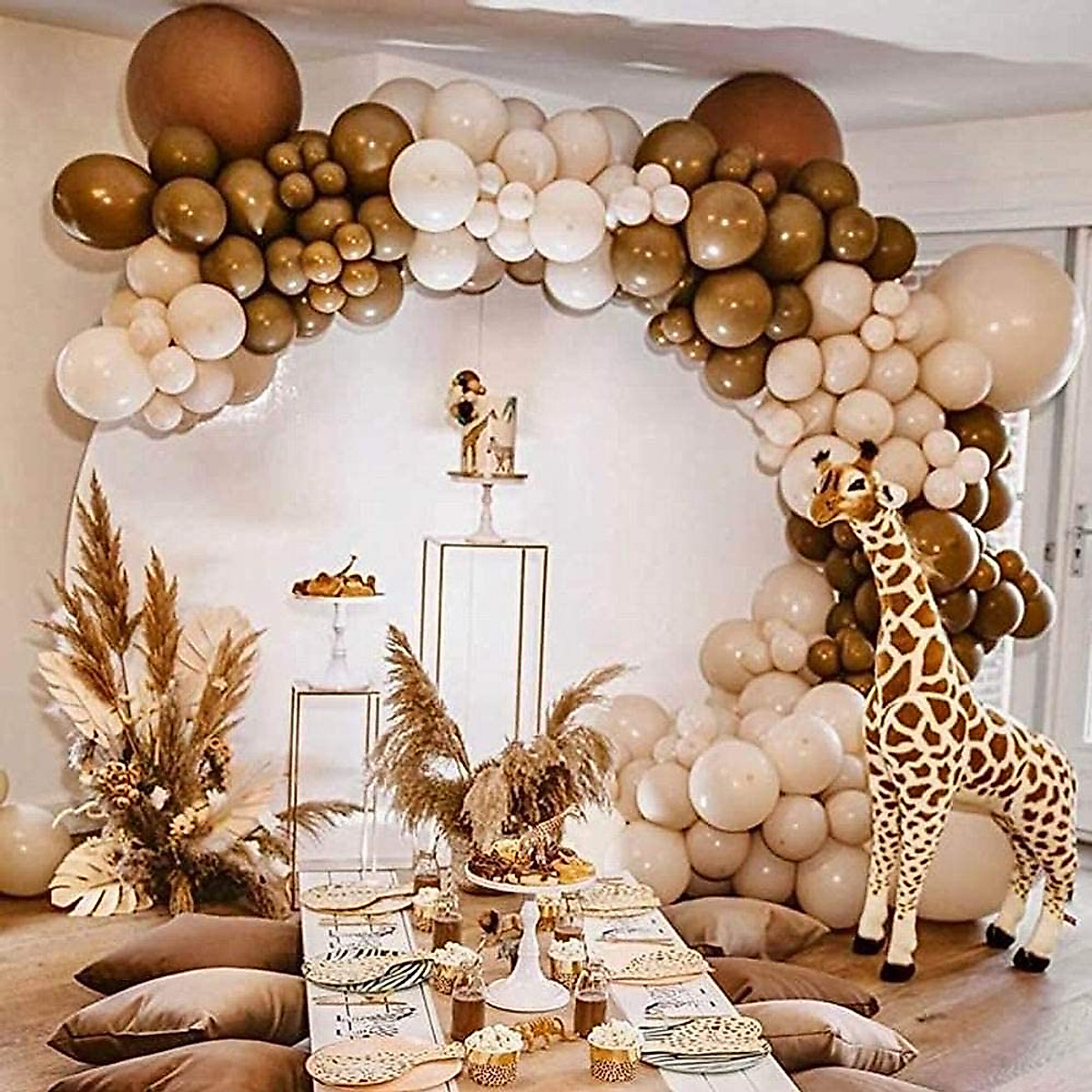 134pcs Brown Coffee Balloons Arch Garland Kit Nude Double-Stuffed Cream Peach Balloon for For Teddy Bear Safari Birthday Party Wedding Baby Bridal Shower Decorations