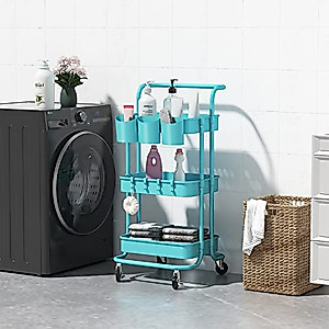 alvorog 3-Tier Rolling Utility Cart Storage Shelves Multifunction Storage Trolley Service Cart with Mesh Basket Handles and Wheels Easy Assembly for Bathroom, Kitchen, Office (Blue)