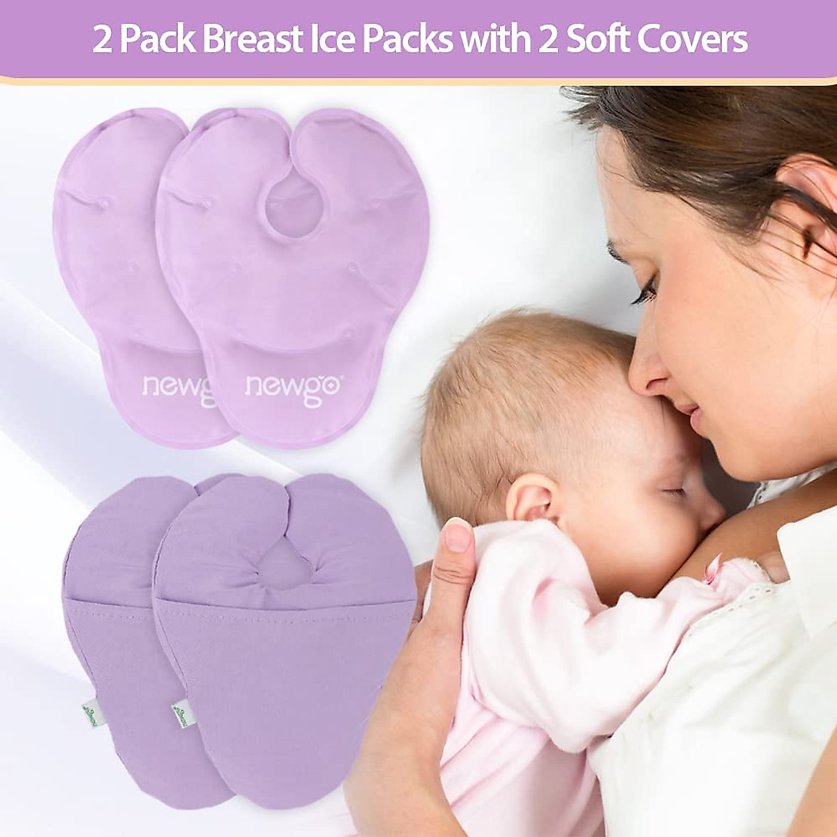 NEWGO Breast Ice Pack for Breast Surgery, 2 Pack Nipple Ice Packs Breastfeeding Ice Packs Reusable for Nursing Mother, Hot Cold Therapy Breast Gel Pack with Washable Cover(Purple)