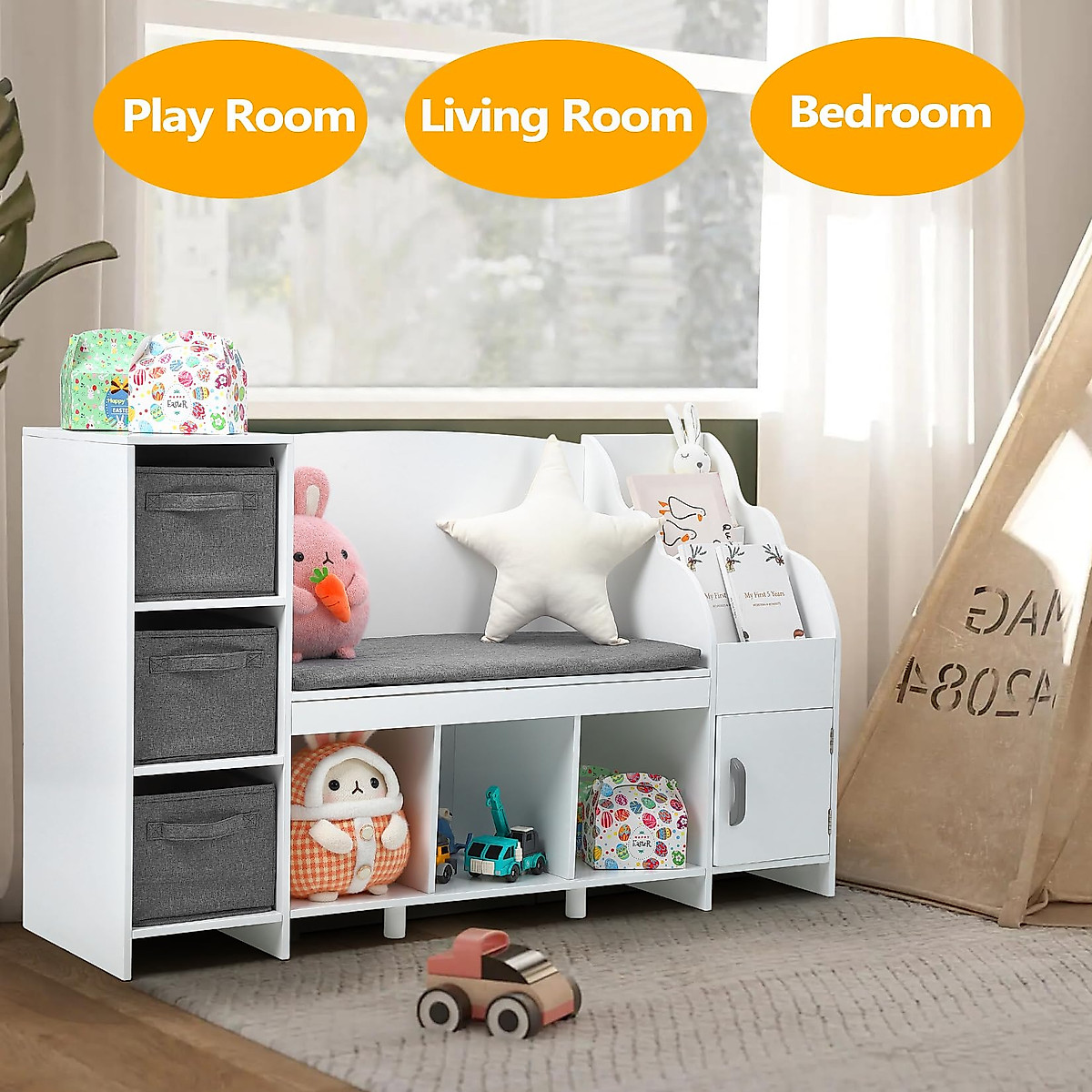 Kids Bookshelf with Reading Nook, Bookcase with Detachable Cushion ，Storage Organizer with Book Rack for Bedroom, Playroom, Gift for Boys and Girls, White