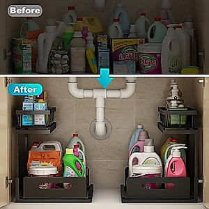 Under Sink Organizers and Storage, Double Sliding Pull Out cabinet organizer for Bathroom Organization and Storage 2 Tier Kitchen Sink Organizer Under Cabinet Storage Organizer with Slide Drawers