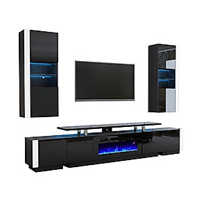 AMERLIFE Wall Unit Entertainment Center with Fireplace and Bookshelves, Includes 70" 2-Tier Fireplace TV Stand, 2 x Wall Cabinets & 2 x End Tables, Modern LED Lights TV Console for Living Room, Black