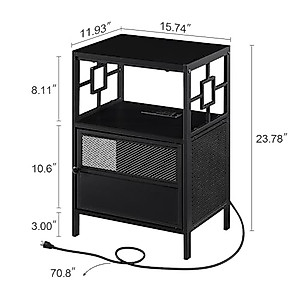 MNEETRUNG End Table with Charging Station, Side Table with USB Ports and Outlets, Bedside Tables with Door, 3-Tier Nightstand for Small Space, Living Room, Bedroom, Black