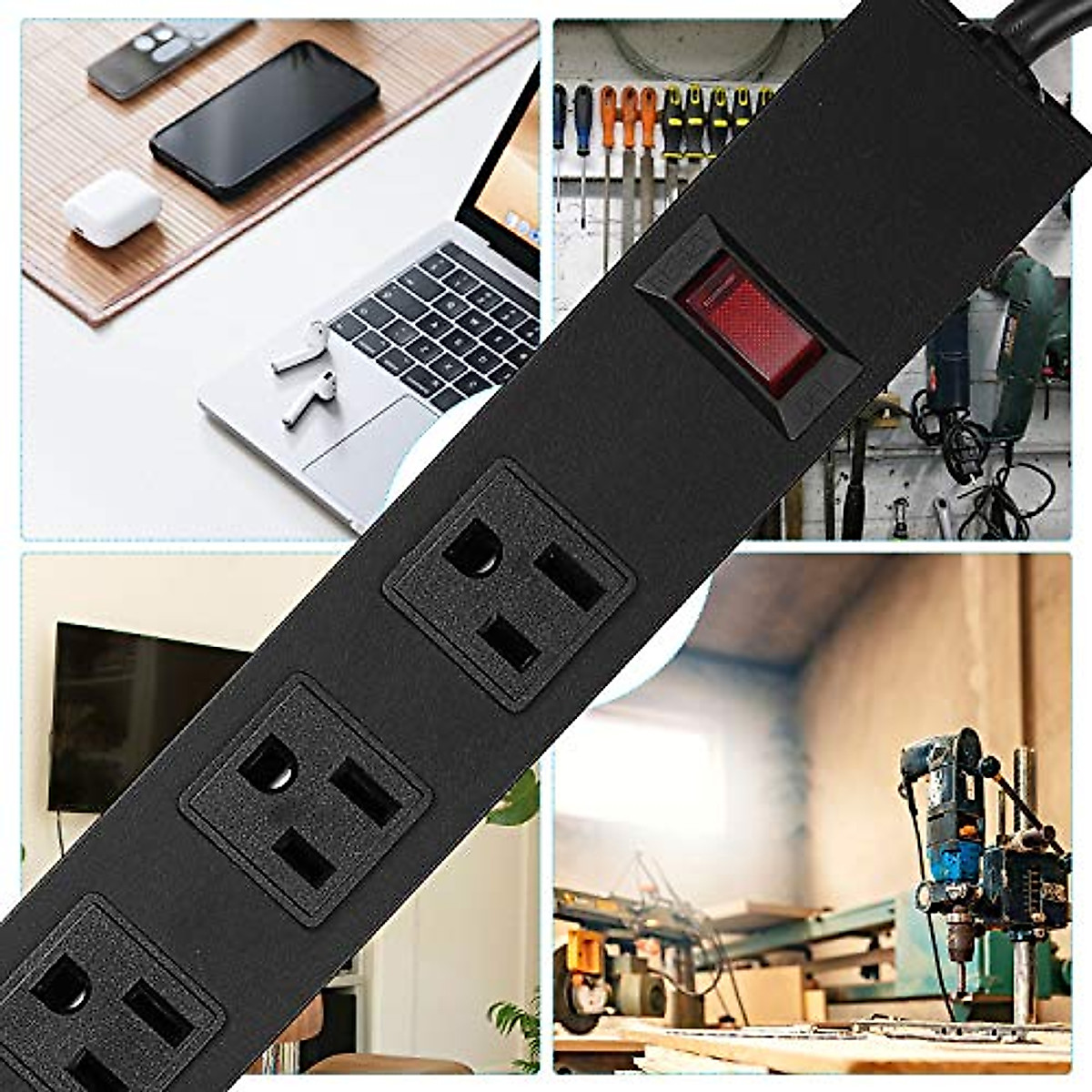 6 Outlets Metal Power Strip, Wall Mount Heavy Duty Power Outlet with Switch, Aluminum Alloy House, 14AWG Power Cord, 15A 125V 1875W, Black (6 FT)