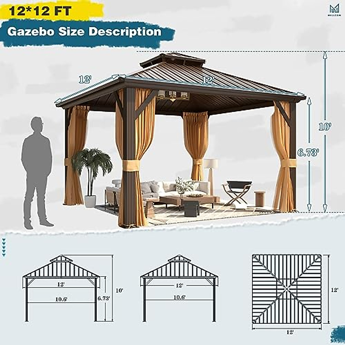 MELLCOM 12'x12' Hardtop Gazebo, Galvanized Steel Metal Double Roof Aluminum Gazebo with Curtain and Netting, Permanent Pavilion Gazebo for Patio, Lawn and Garden