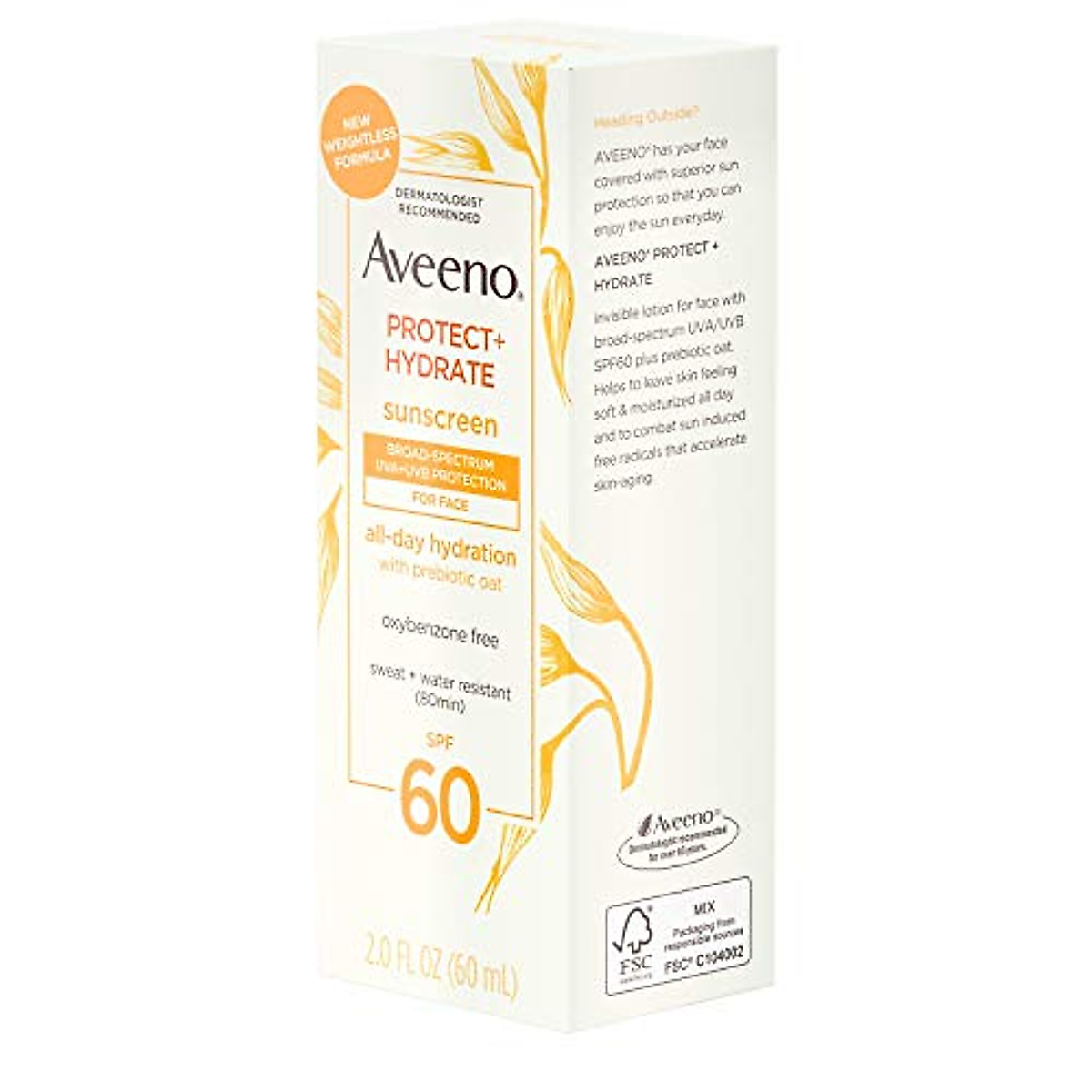 Aveeno Protect + Hydrate Moisturizing Face Sunscreen Lotion With Broad Spectrum Spf 60 & Prebiotic Oat, Weightless & Refreshing Feel, Paraben-free, Oil-free, Oxybenzone-free, 2.0 ounces