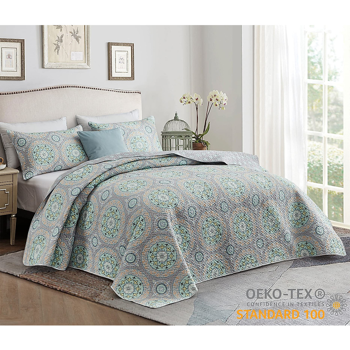 CHIXIN Boho Quilt King Size - Bohemian Chic Medallion Design - Lightweight Bedspread Coverlet Set, Ultrasonic Quilting Mandala Bedding Cover for All Season, 3 Piece, Aqua Blue