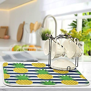 Striped Pineapple Pattern Dish Drying Mat 24"x18" Absorbent Machine Washable Hanging Fast Dry Pad Dish Protective Mat for Kitchen Countertop Heat Resistant Dinner Table Mat