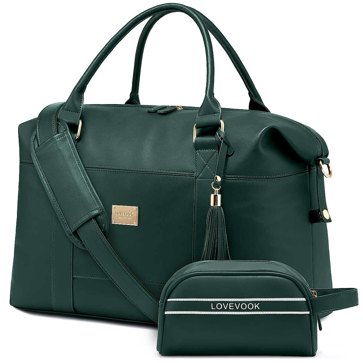 LOVEVOOK Travel Duffle Bag for Women, Leather Carry On Weekender Bag with Toiletry Bag, Waterproof Overnight Bag Tote Gym Duffel Bag with Wet Pocket for Hospital Yoga Sports Dance Green